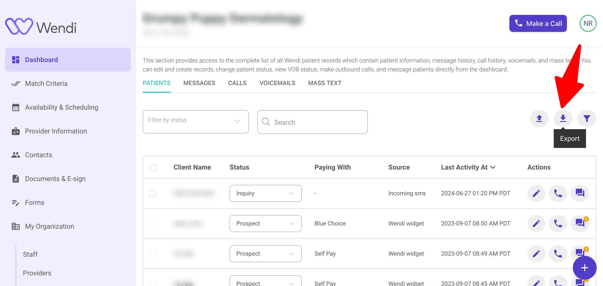 How do I download Wendi data as a spreadsheet?